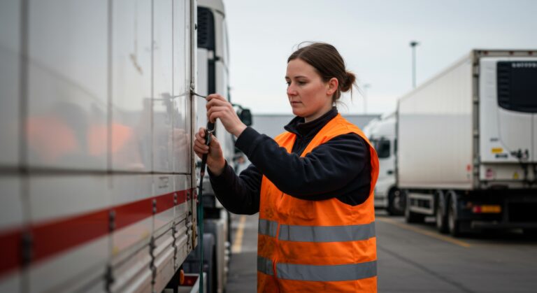Female logistics worker securing truck in transport hub for safe cargo transport | BIS Safety ...